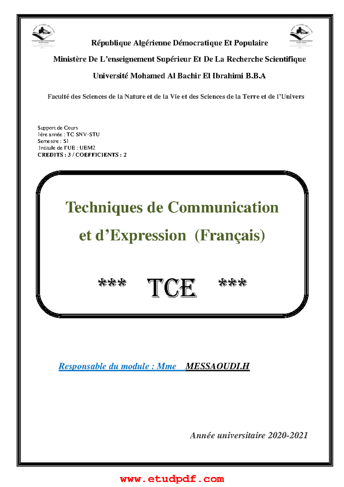 TCE Français-1 - Cours - Module TCE 1ère année LMD (TCSNV) République ...