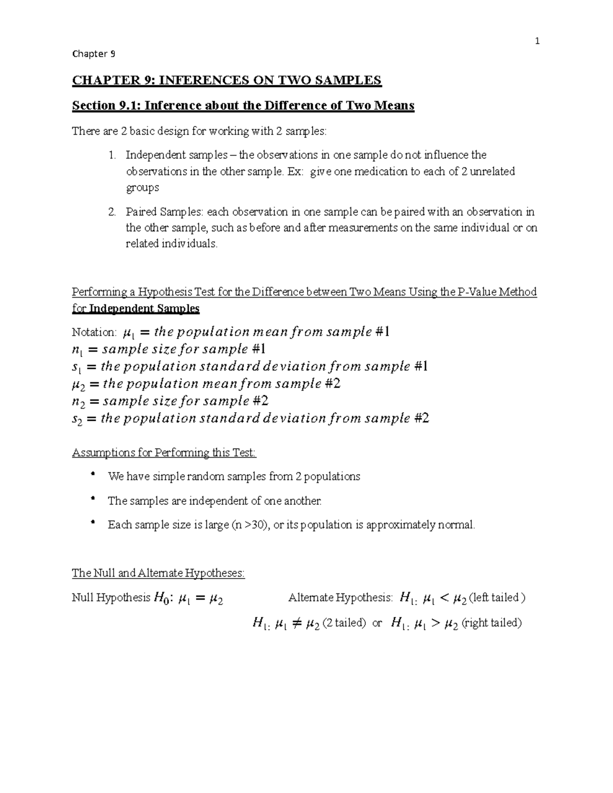 Chapter 9 Notes - 1 Chapter 9 CHAPTER 9: INFERENCES ON TWO SAMPLES ...