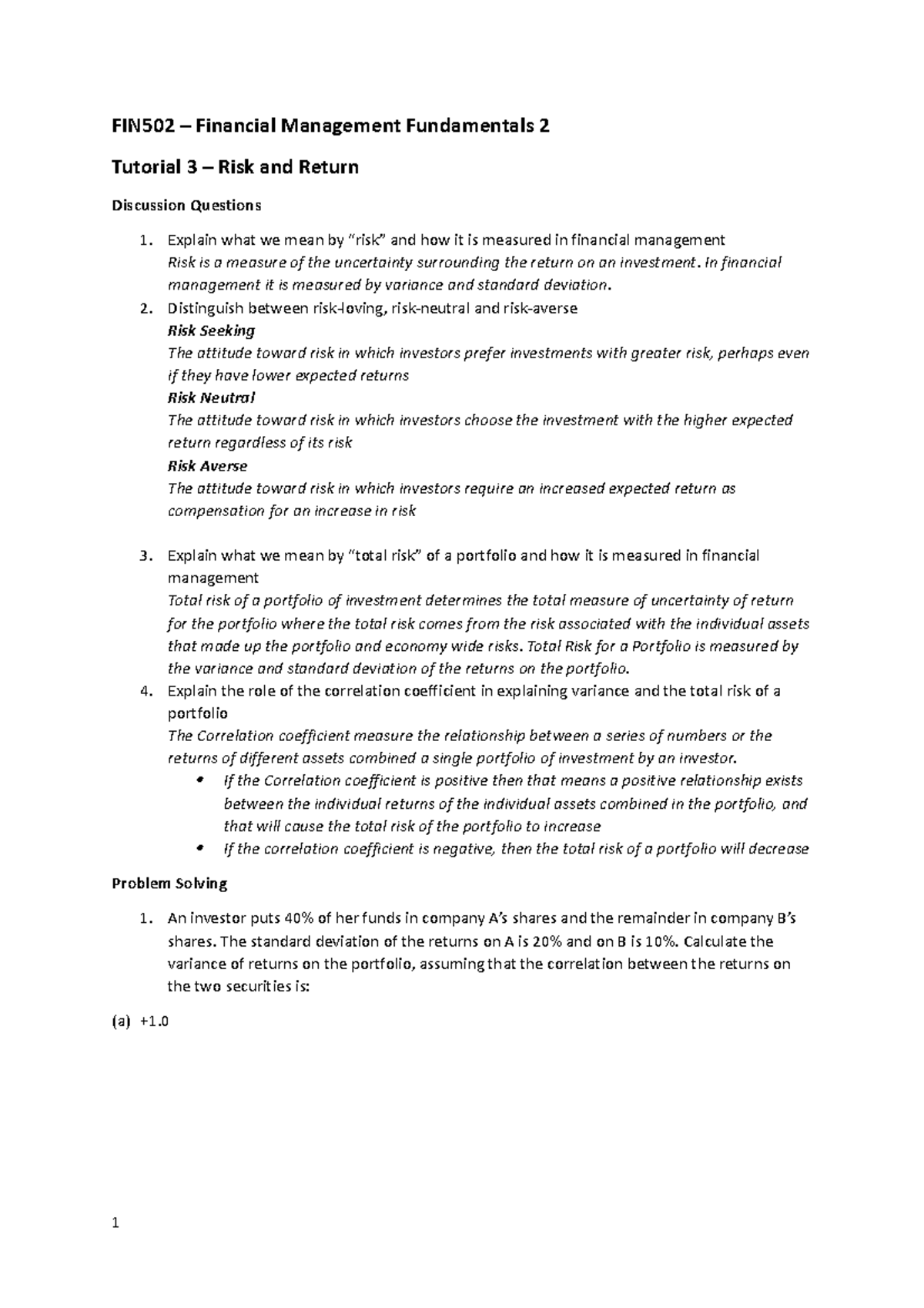 Tutorial 3 Solutions - FIN502 – Financial Management Fundamentals 2 ...