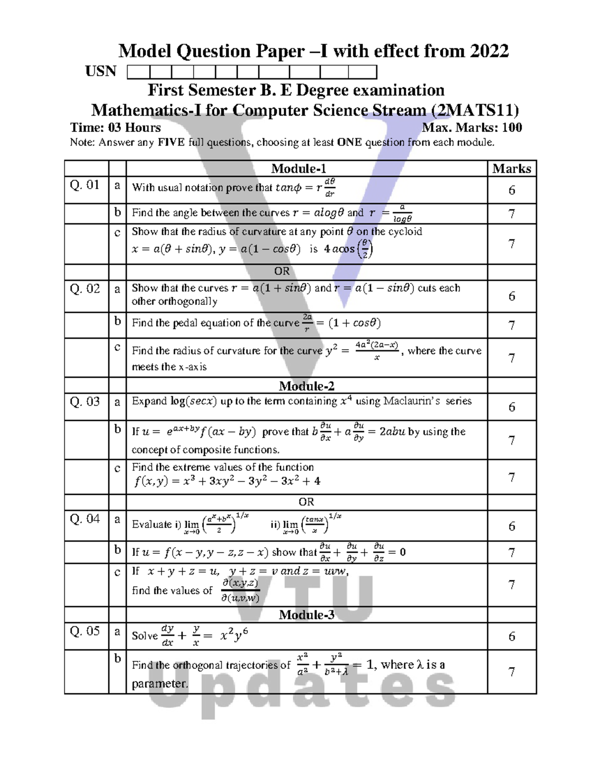 Maths module 1 - Model Question Paper – I with effect from 2022 USN ...