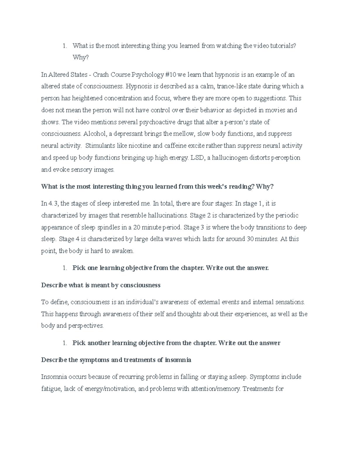 [PSYC 101] Reflecting on your learning CH 3 - What is the most ...