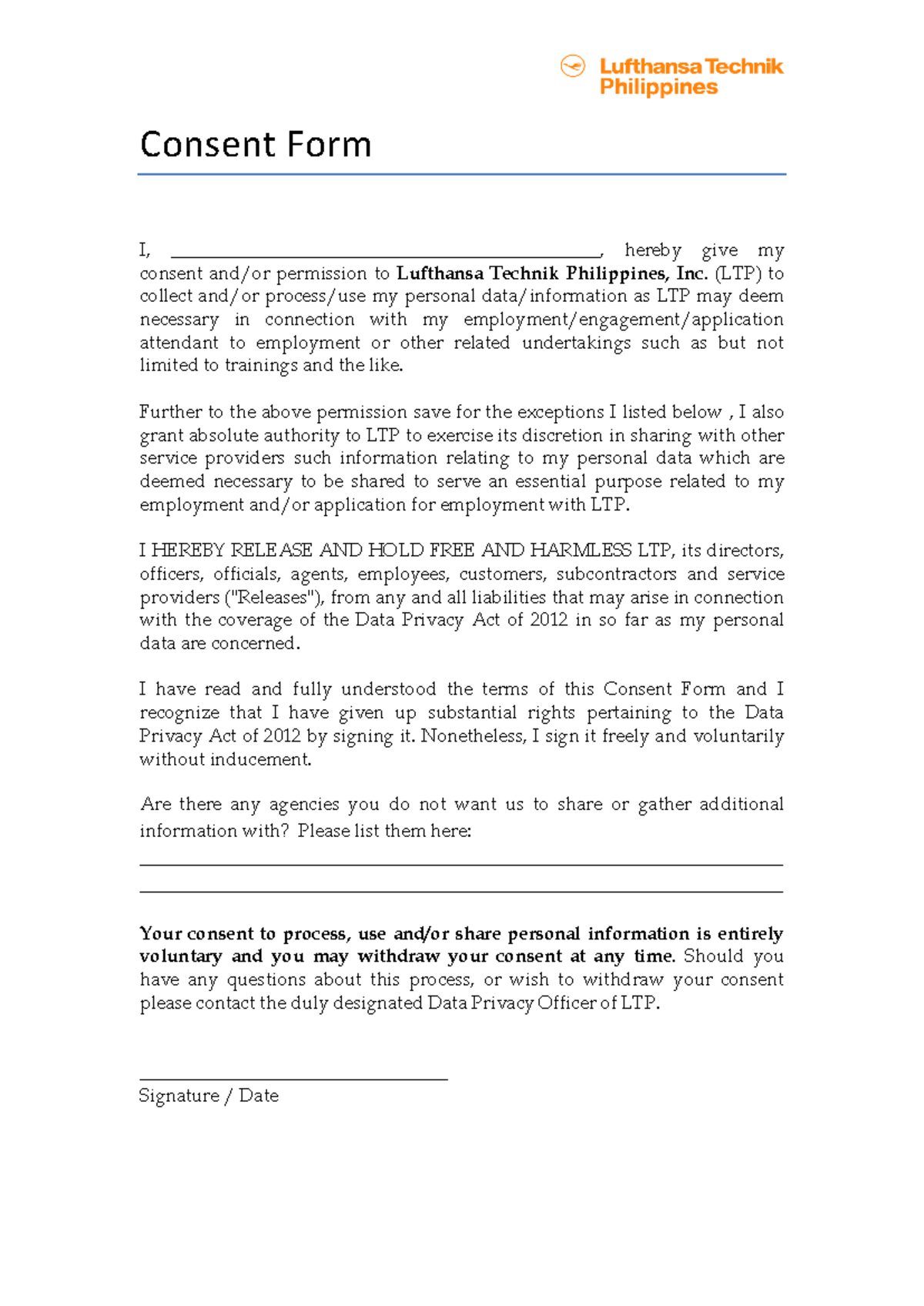 Consent - (LTP) to collect and/or process/use my personal data ...