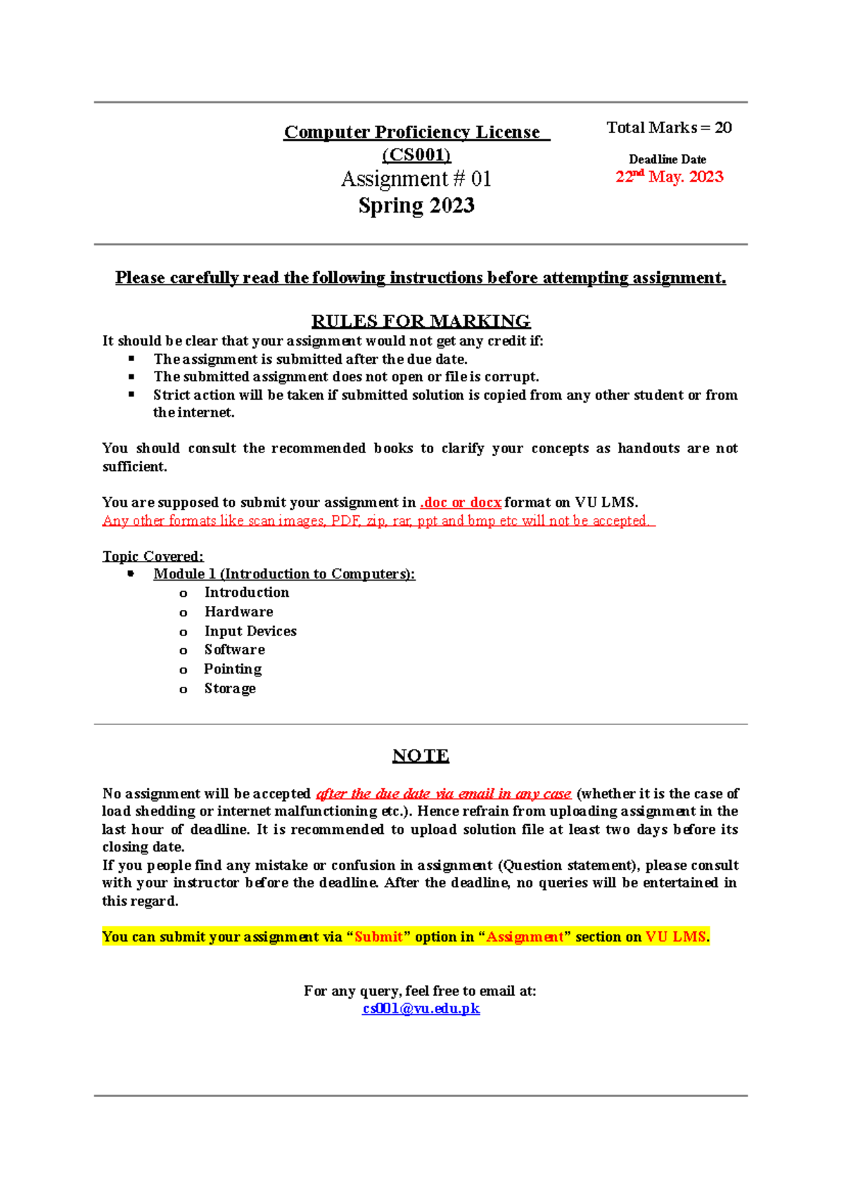 202352212547 - Computer Proficiency License (CS 001 ) Assignment # 01 Spring 2023 Total Marks ...