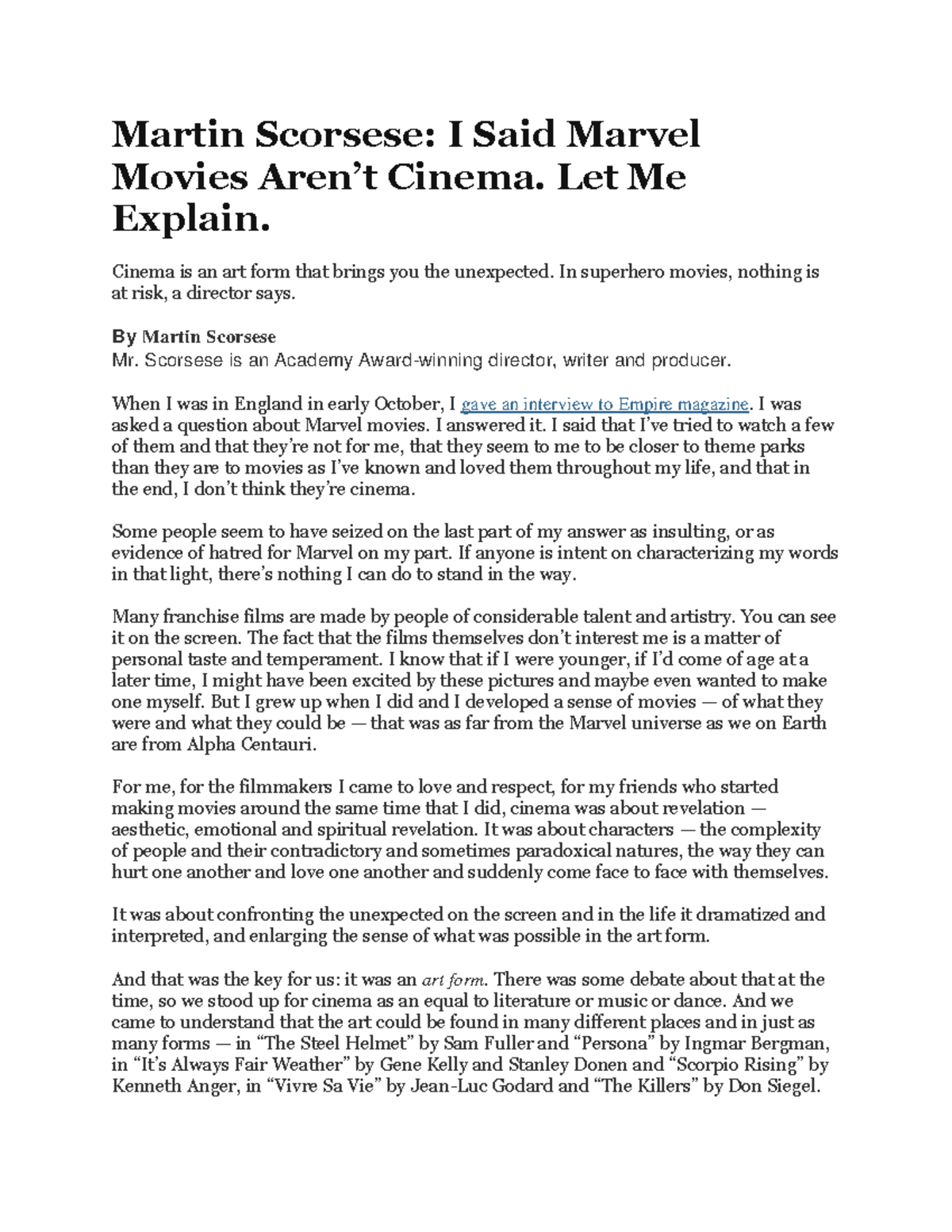 Reading Martin Scorsese : Are Marvel Movies Cinematic? - Martin ...