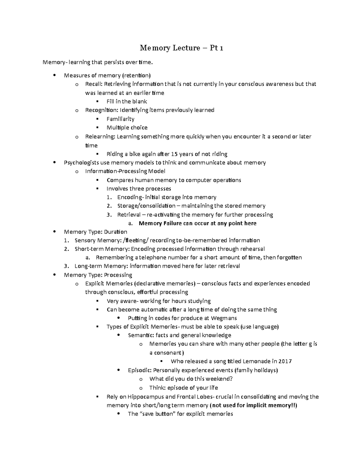Memory Notes Taught By Professor Natasha Fourquet Memory Lecture Pt 1 Memory Learning