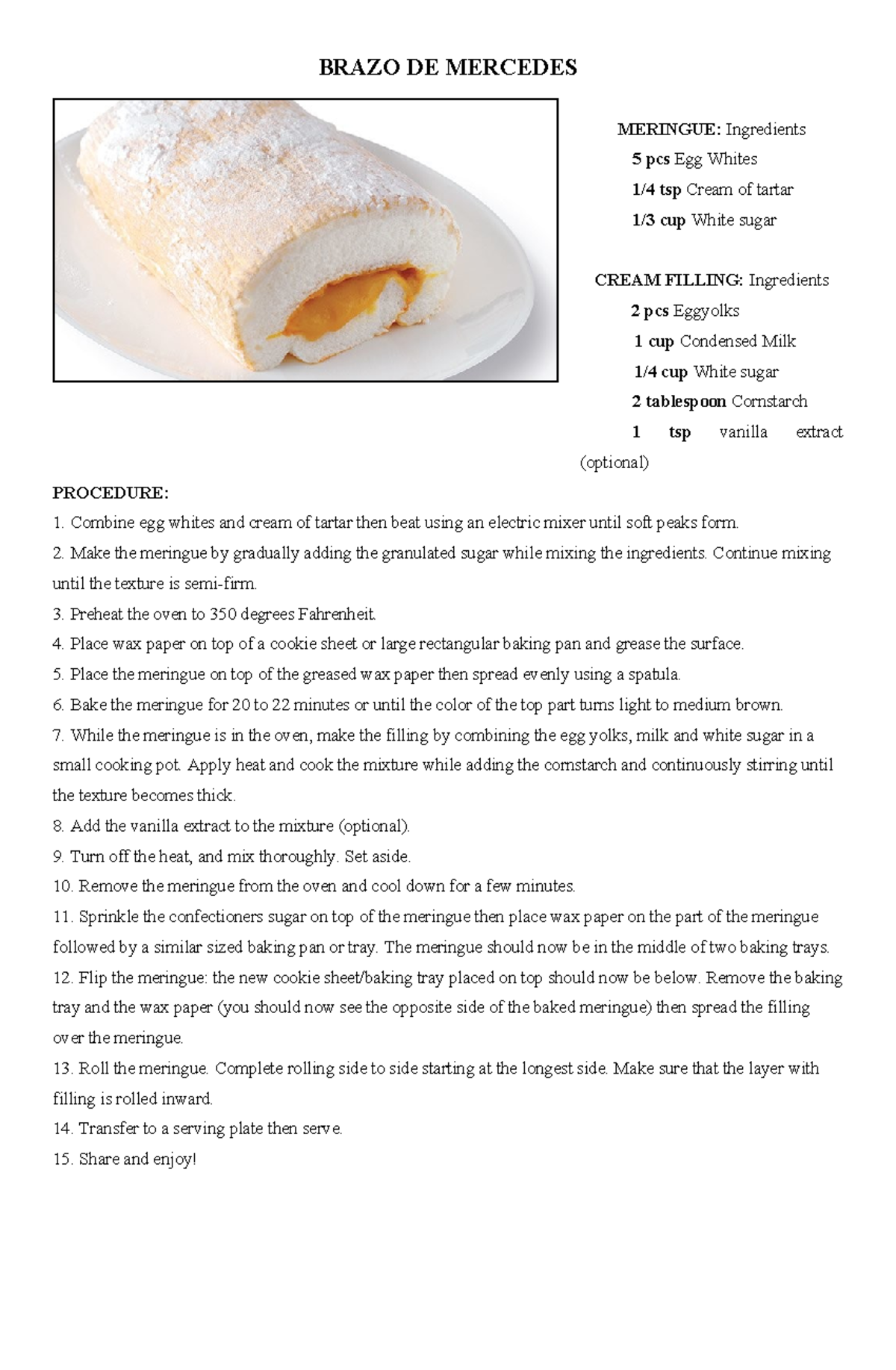 Brazo DE Mercedes Ingredients - BRAZO DE MERCEDES MERINGUE: Ingredients ...
