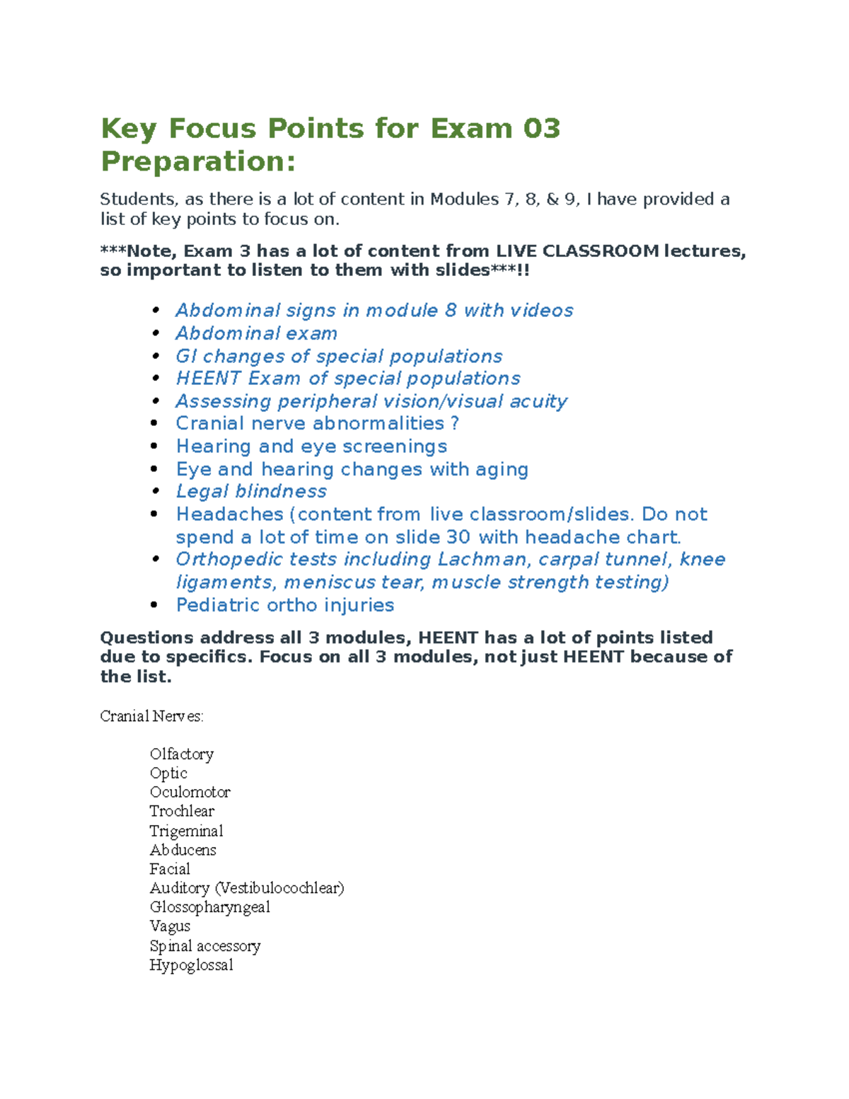 NUR 614 Exam 3 Prep - exam 3 prep - Key Focus Points for Exam 03 ...