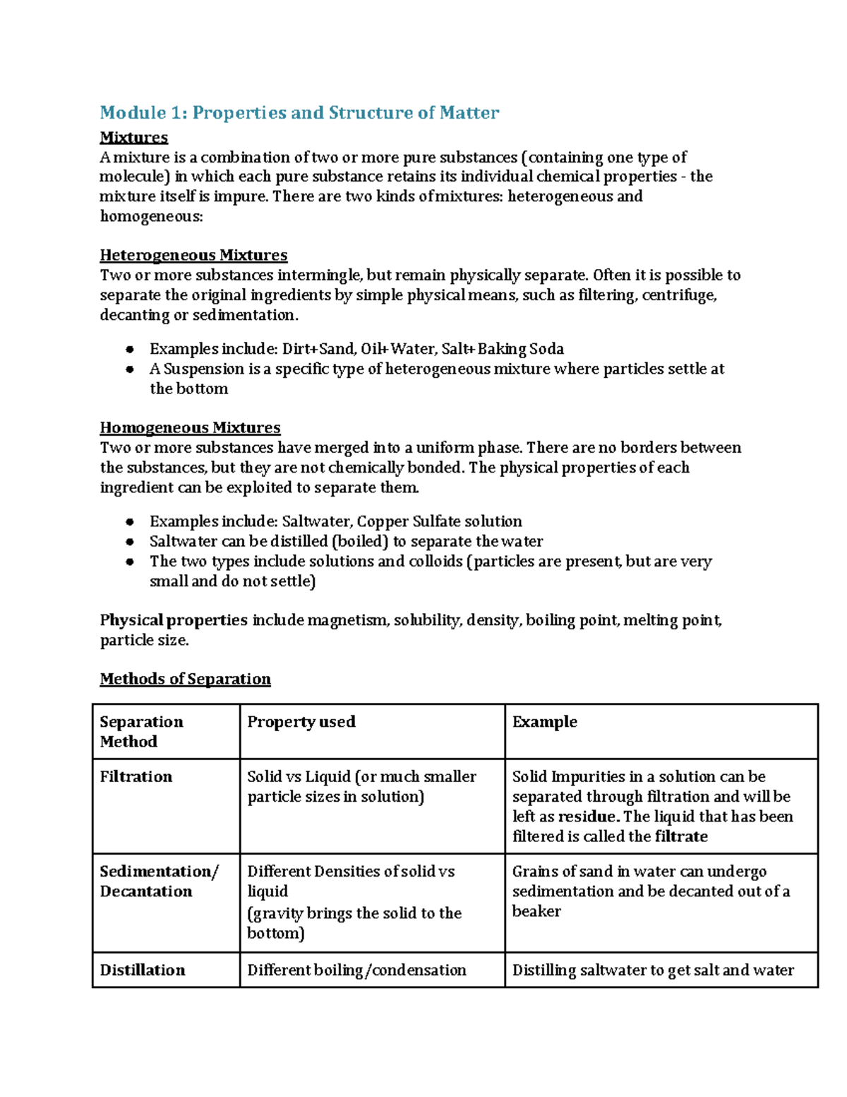 Module 1 Summary - Module 1: Properties and Structure of Matter ...