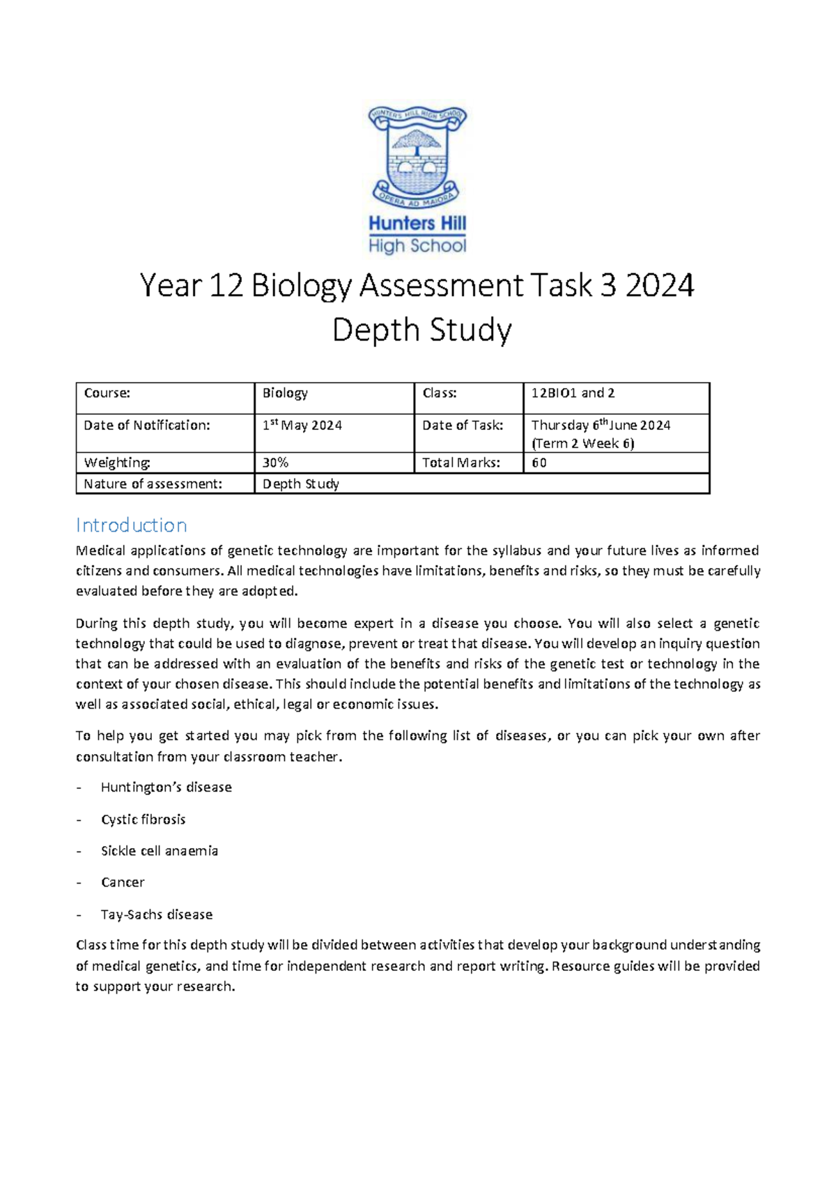 AT3 Bio Notification - Year 12 Biology Assessment Task 3 2024 Depth ...