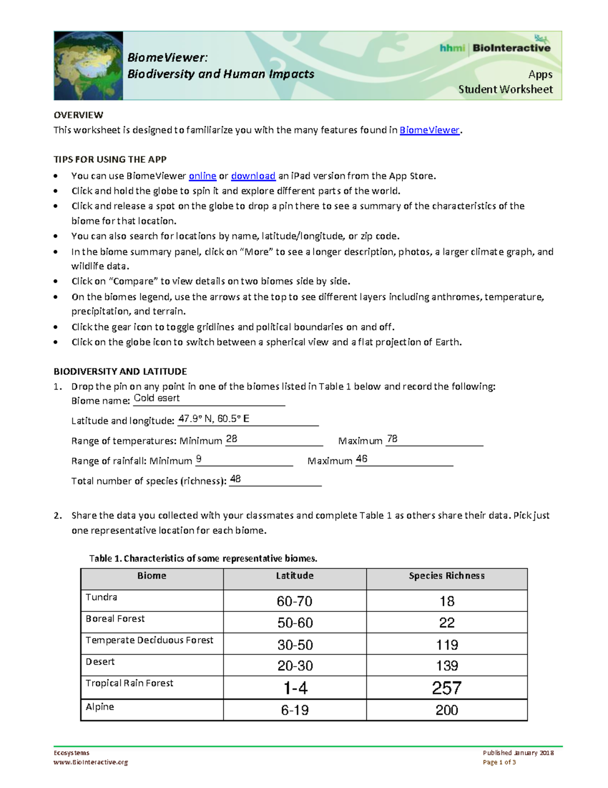 Biome Viewer-Student WS - Published January 2018 Ecosystems ...
