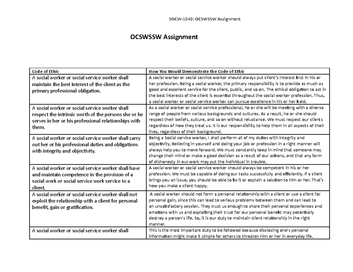 Ocswssw Assignment - SOCW-1040: OCSWSSW Assignment OCSWSSW Assignment ...