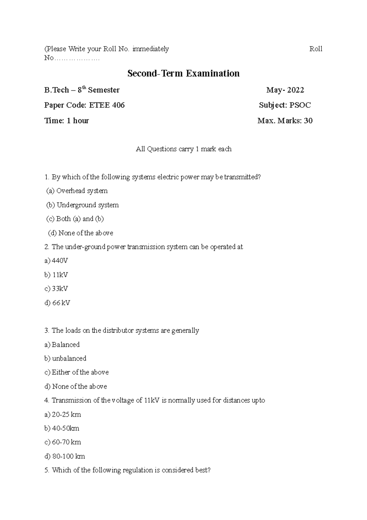 PSOC 2nd sessional qp - PSOC multiple-choice questions - (Please Write your Roll No. immediately ...