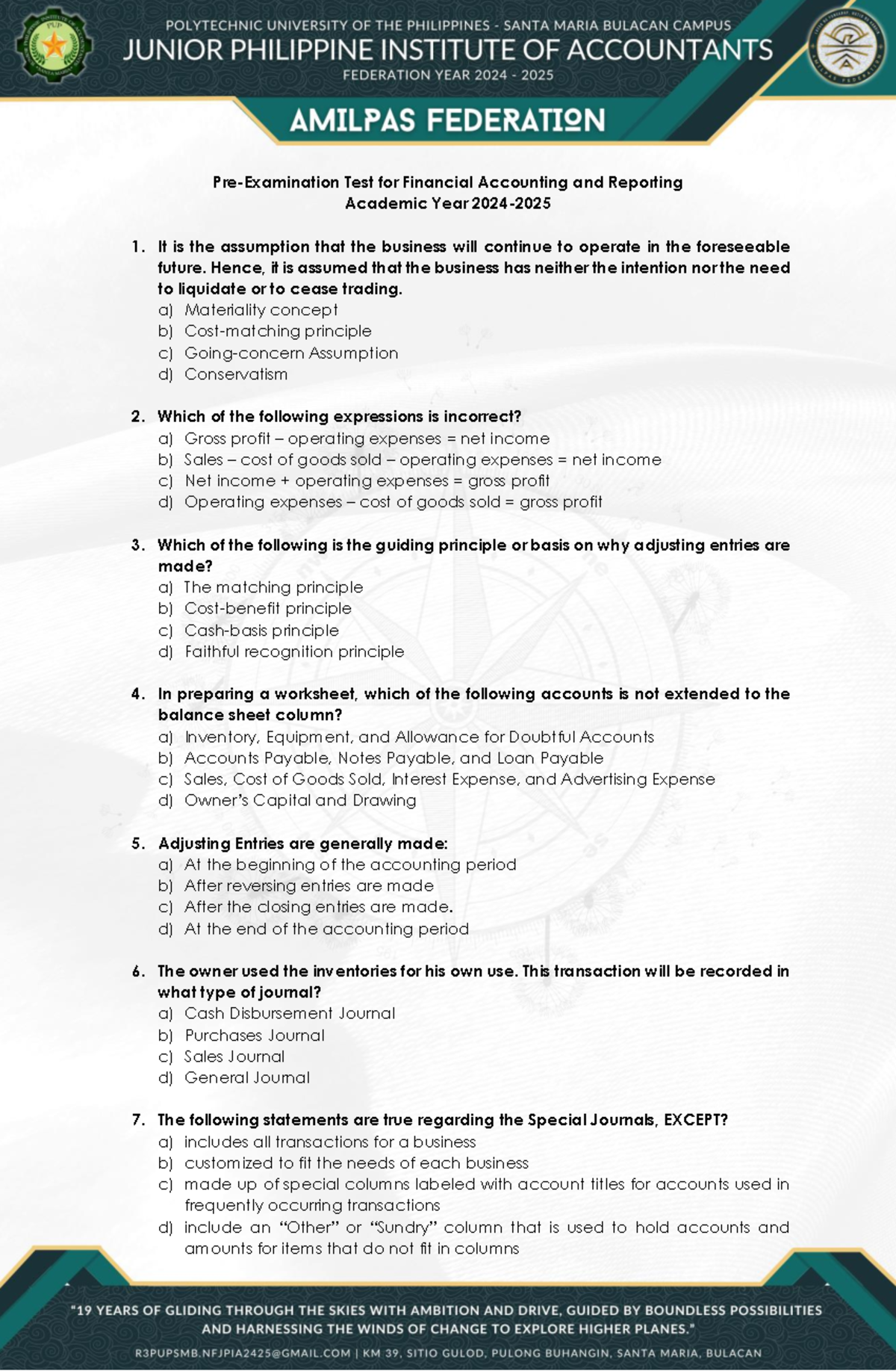 Pre-test FAR 2425 - Pre-Examination Test Academic Year 2024 for ...