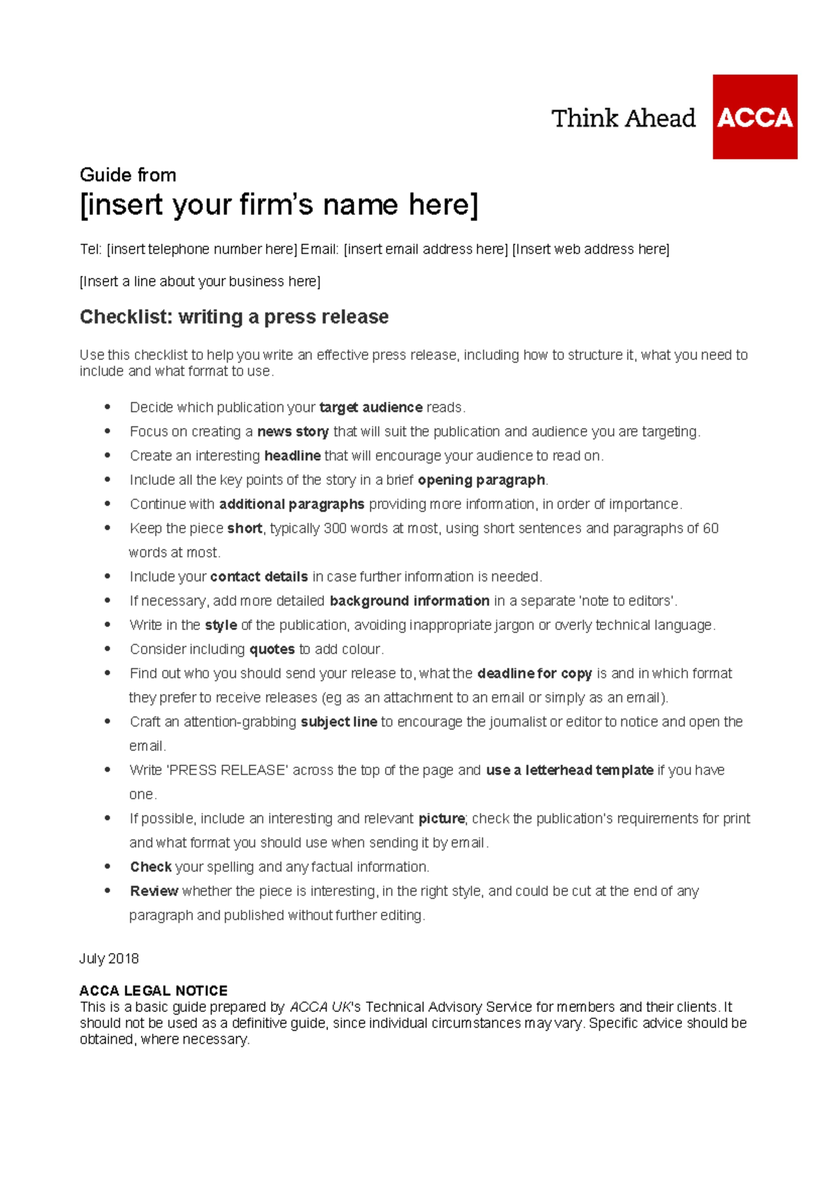 Writing a press release - checklist - Guide from [insert your firm’s ...