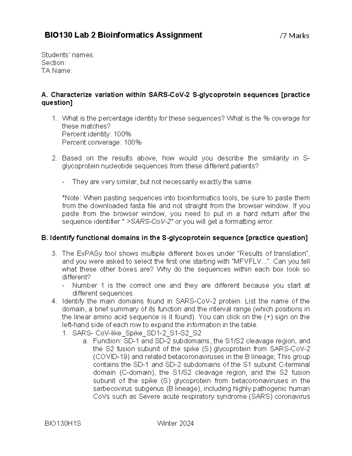 Lab 2 Bioinformatics Assignment 2024 - Students’ names: Section: TA Name: A. Characterize ...