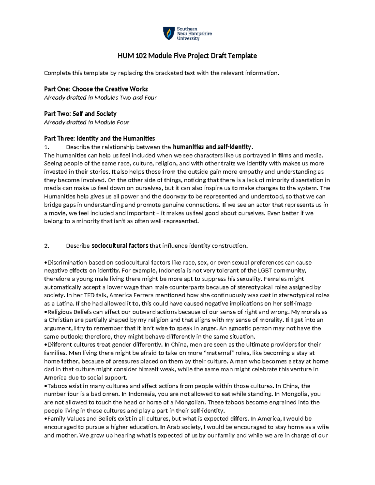 5-2 HUM 102 Module Five Project Draft: Understanding Our Identities ...