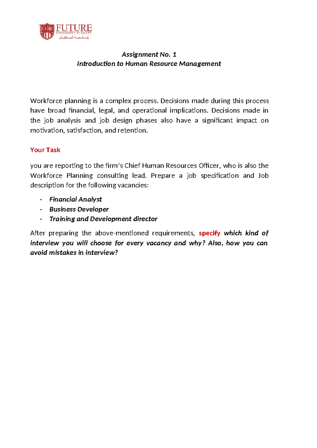 HRM 201 - Assignment 1 - Human res - Assignment No. 1 Introduction to ...