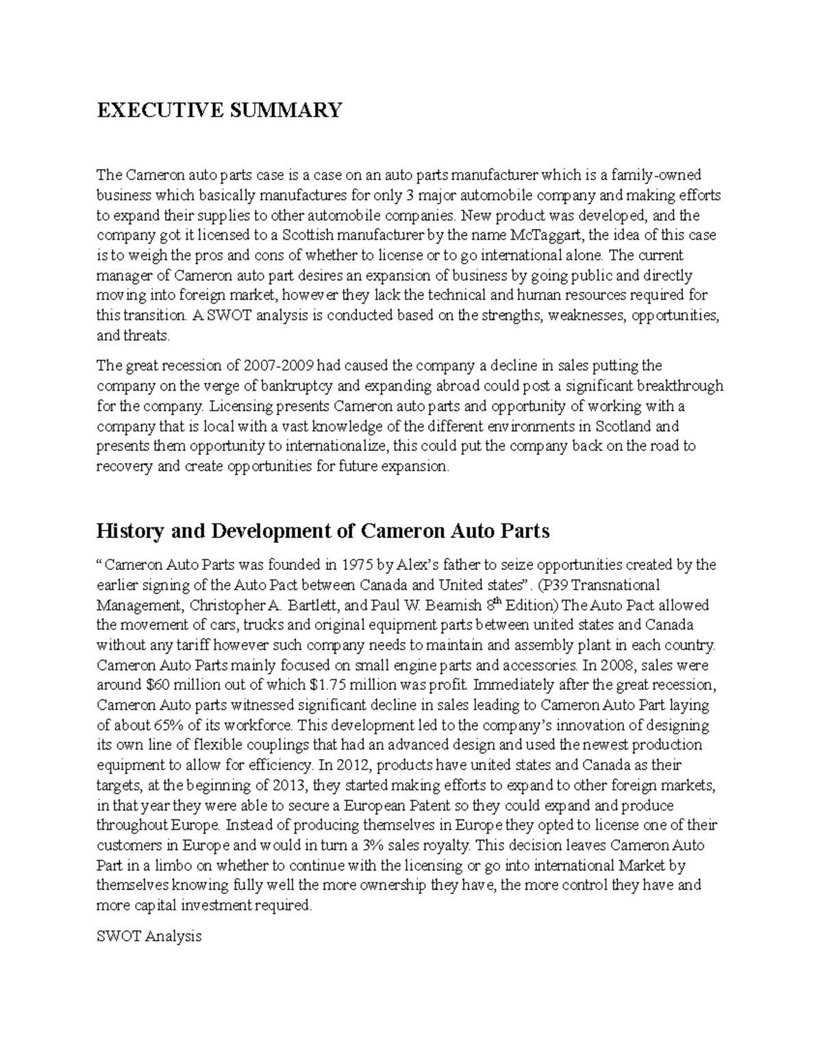 BUAD647 alex Cam - alex cameroo - EXECUTIVE SUMMARY The Cameron auto ...