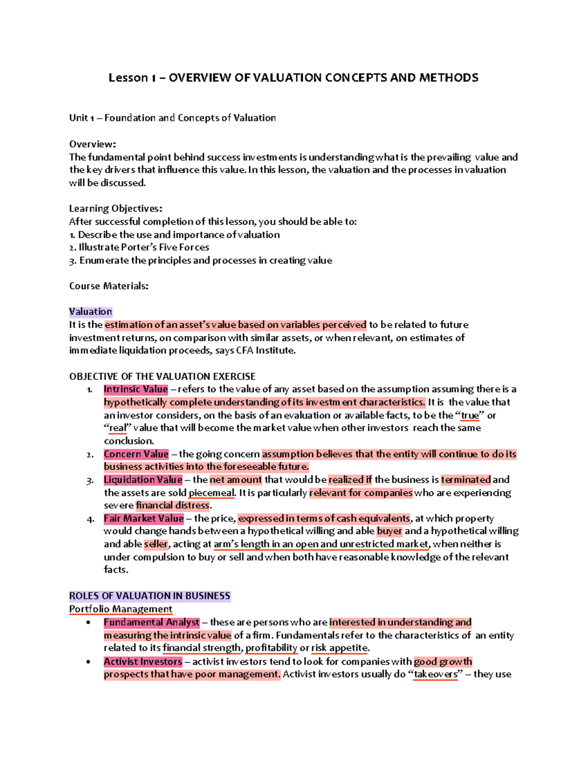 1 Lesson-1- Overview-OF- Valuation- Concepts-AND- Methods - Lesson 1 ...