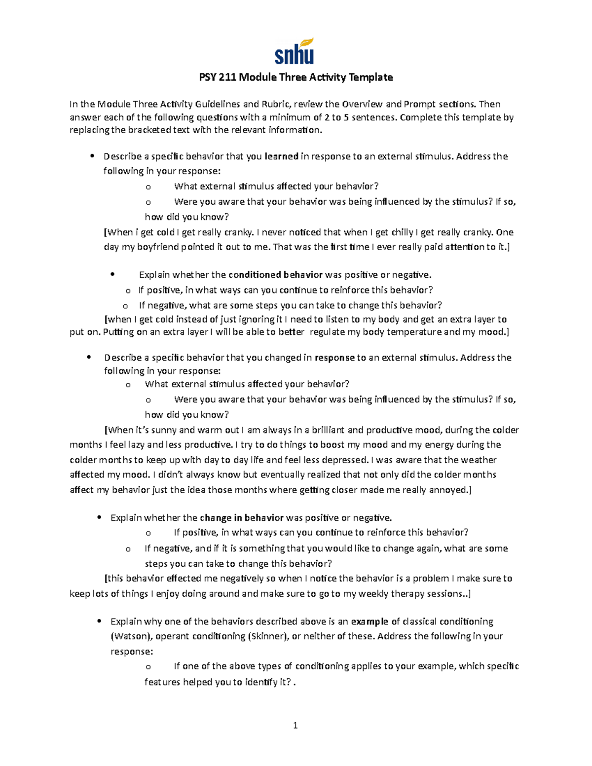 PSY 211 Module Three Activity Template - Then answer each of the ...