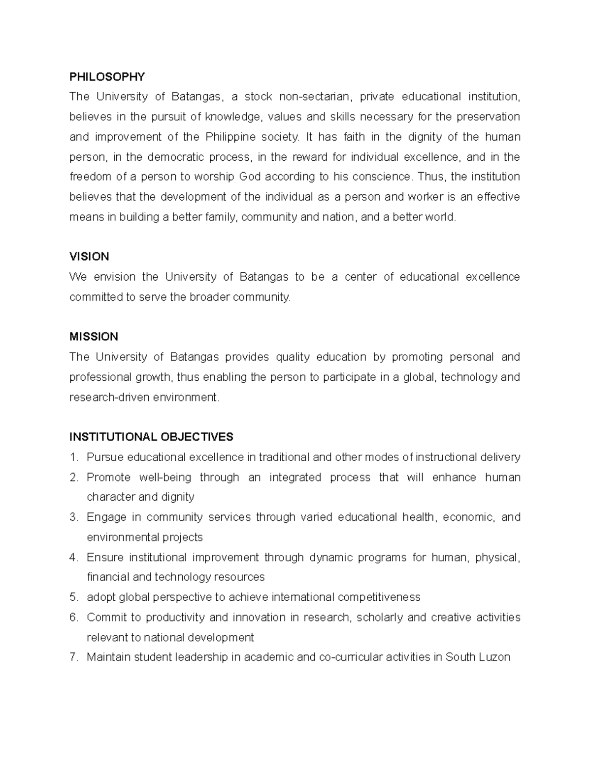 UB- Pvmgo - PHILOSOPHY The University of Batangas, a stock non ...