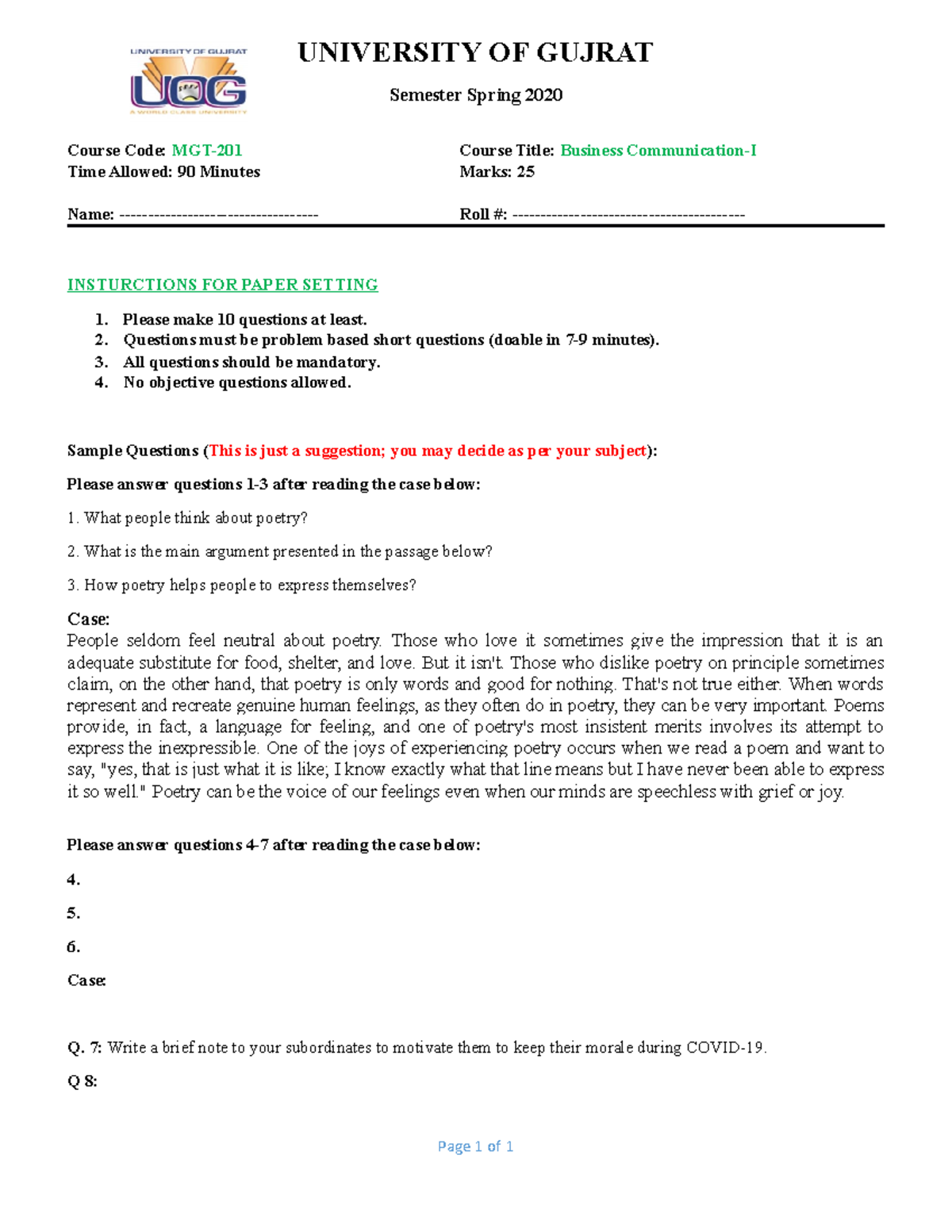 Sample Format - UNIVERSITY OF GUJRAT Semester Spring 2020 Course Code: MGT-201 Course Title ...
