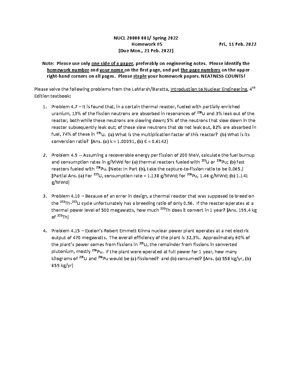 NUCL 200 HW 5 11Feb2022 - Homework number 5 out of the Introduction to ...