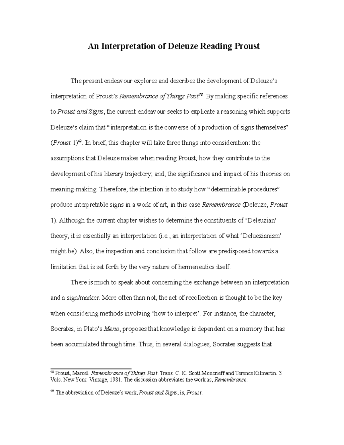 An Interpretation of Deleuze Reading Proust - By making specific ...