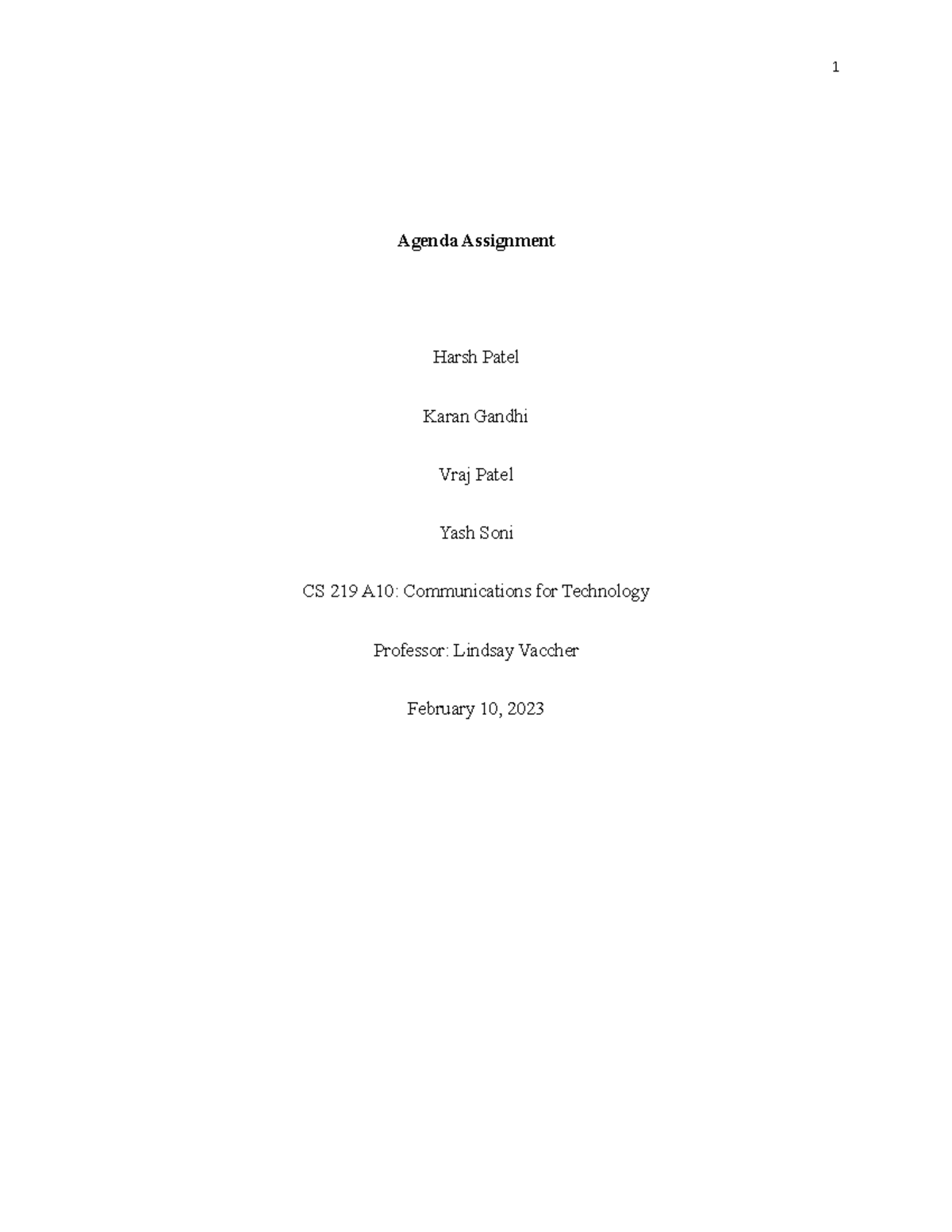 Agenda Assignment - Discussion points - 1 Agenda Assignment Harsh Patel Karan Gandhi Vraj Patel ...
