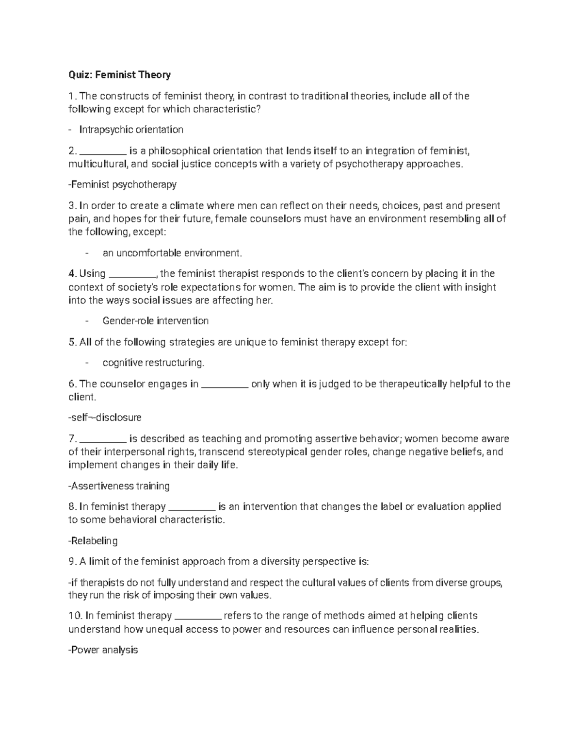 Feminist Theory - Quiz: Feminist Theory The constructs of feminist ...