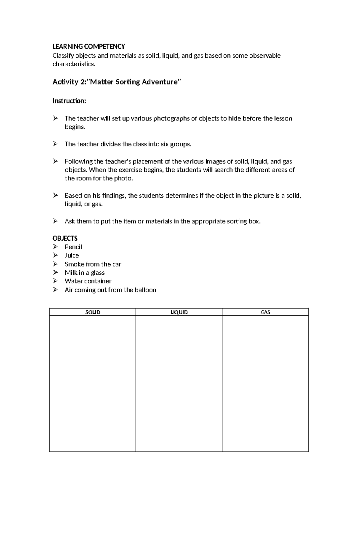 Activity-2 - worksheet in science - LEARNING COMPETENCY Classify ...