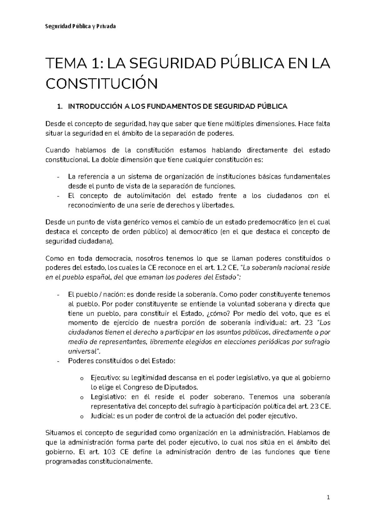 Teoría Seguridad Py P I - TEMA 1: LA SEGURIDAD P⁄BLICA EN LA CONSTITUCI”N 1. INTRODUCCI”N A ...