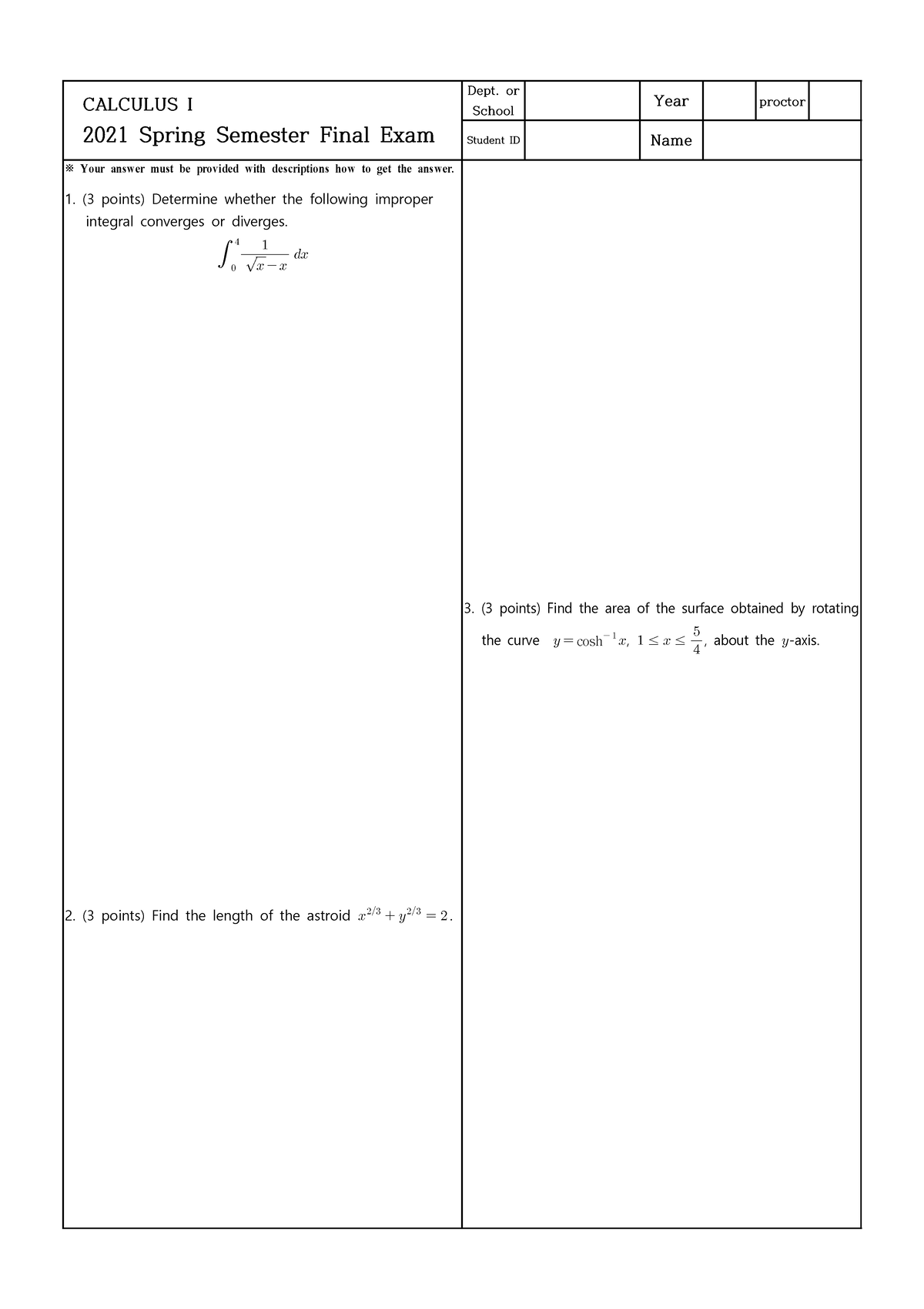 Calculus I 2021 Spring Final Exam - CALCULUS I 2021 Spring Semester ...