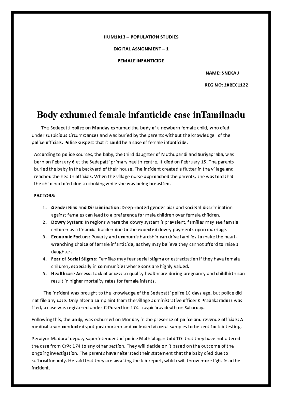 digital assignment - HUM1013 – POPULATION STUDIES DIGITAL ASSIGNMENT – 1 FEMALE INFANTICIDE NAME ...
