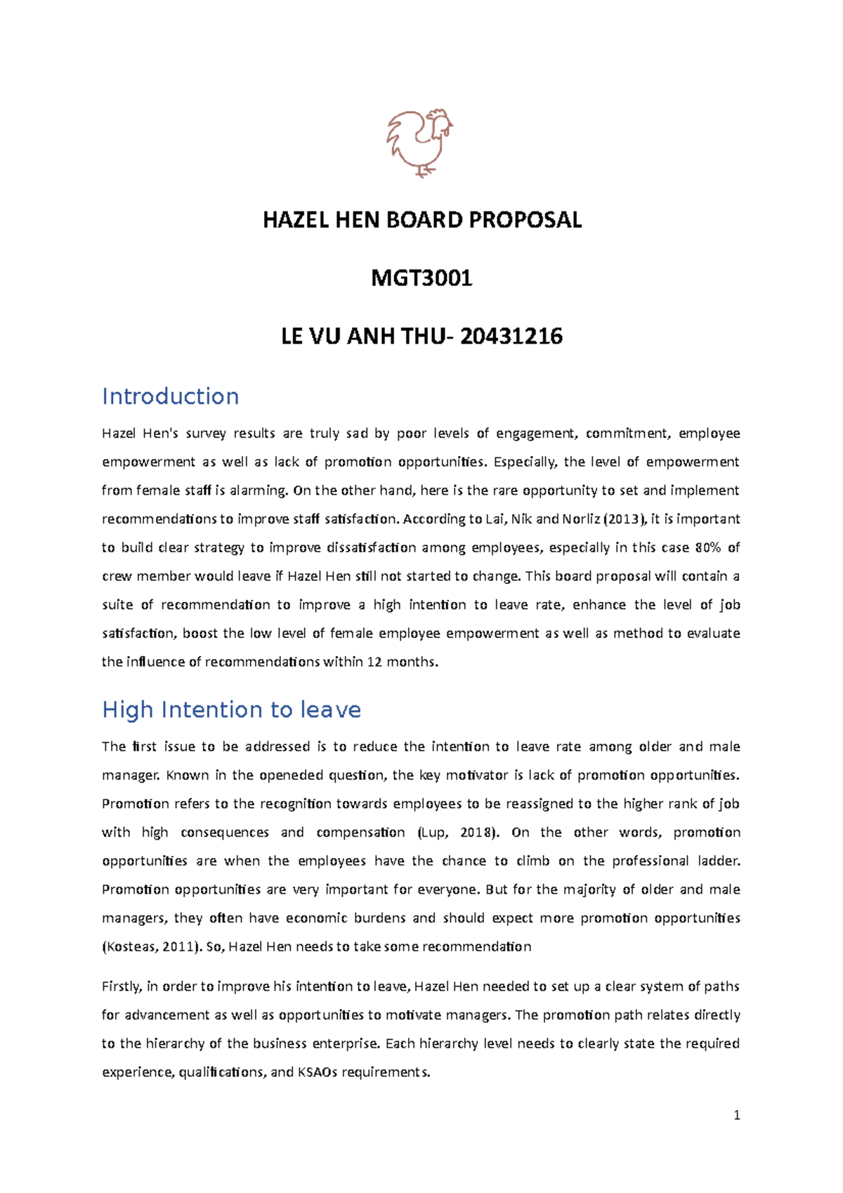 Human Resource analysis - HAZEL HEN BOARD PROPOSAL MGT LE VU ANH THU- 20431216 Introduction ...