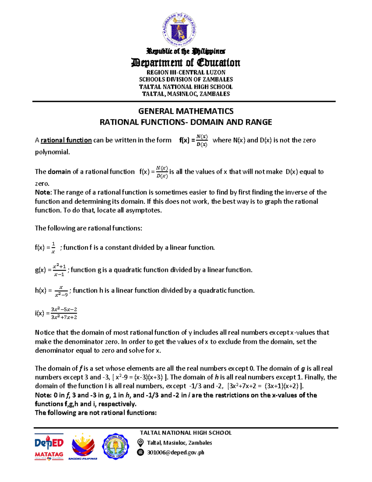 GEN MATH Rational Functions ACT Exercises - Department of Education ...