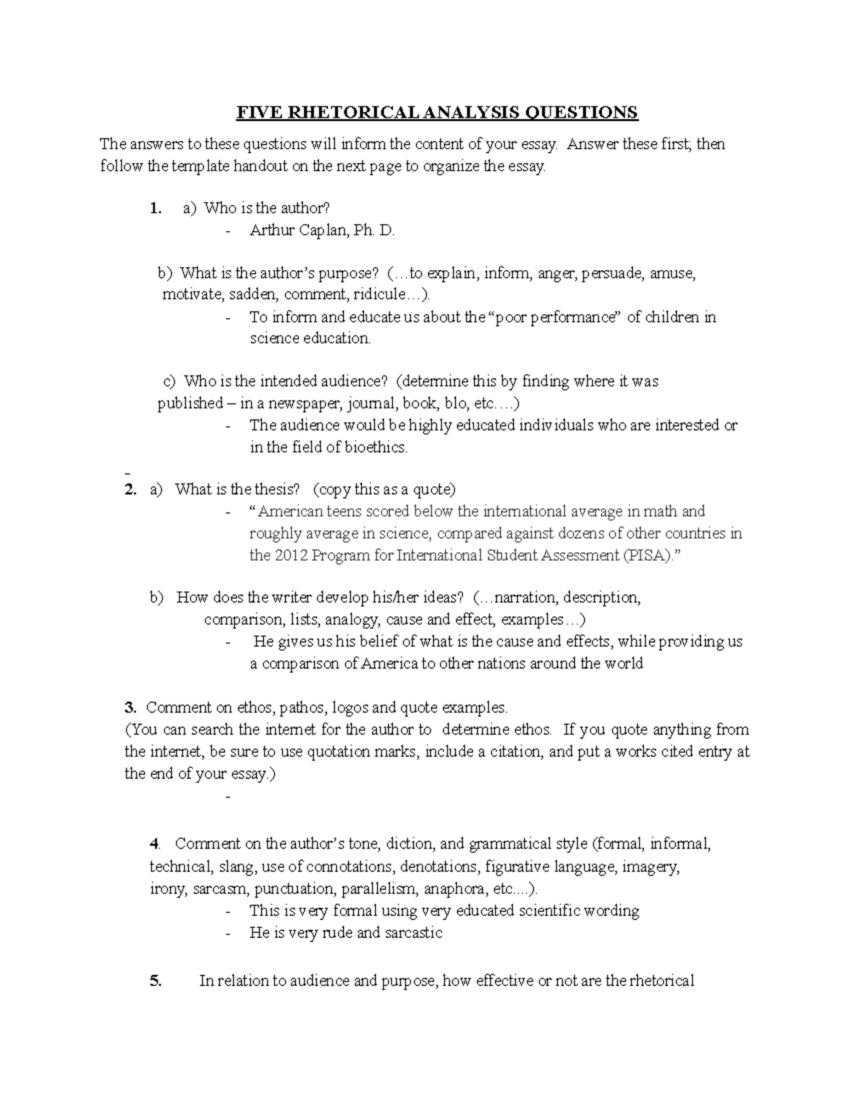 Rhetorical Analysis Questions - FIVE RHETORICAL ANALYSIS QUESTIONS The ...