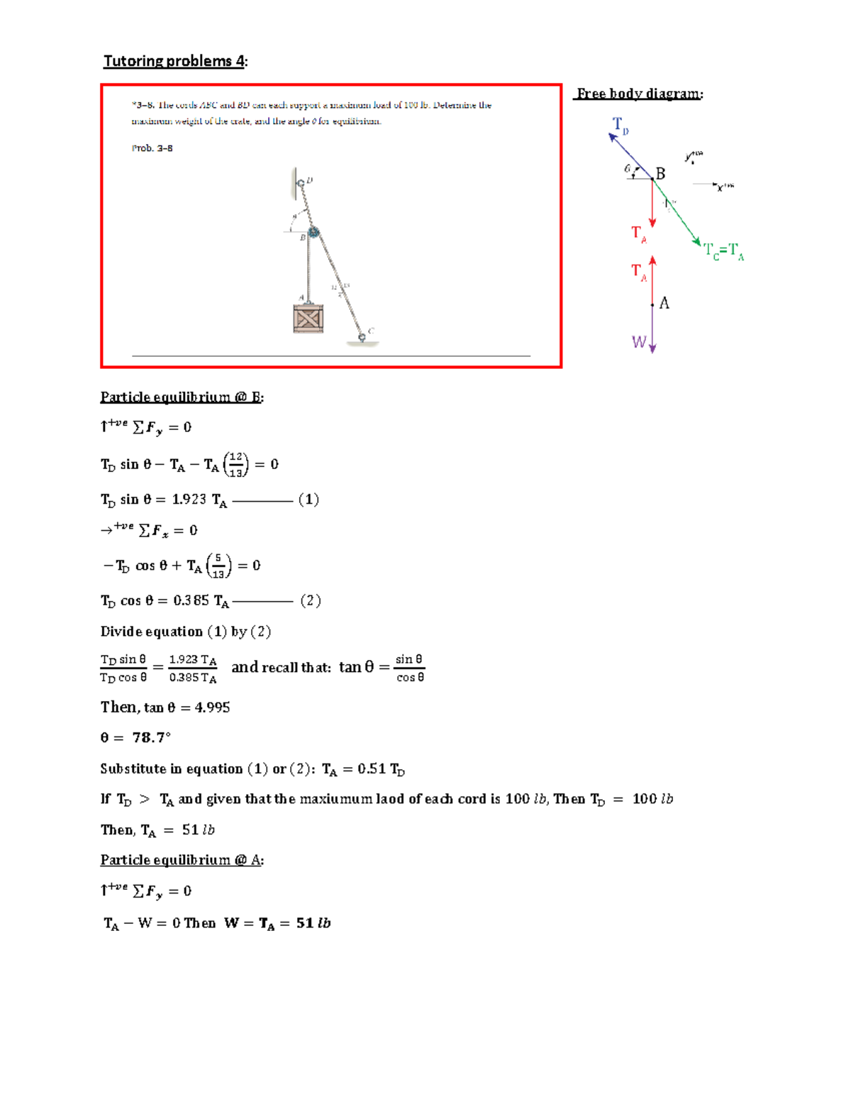 Tutorial problems (Session 4) - Tutoring problems 4 : Free body diagram ...