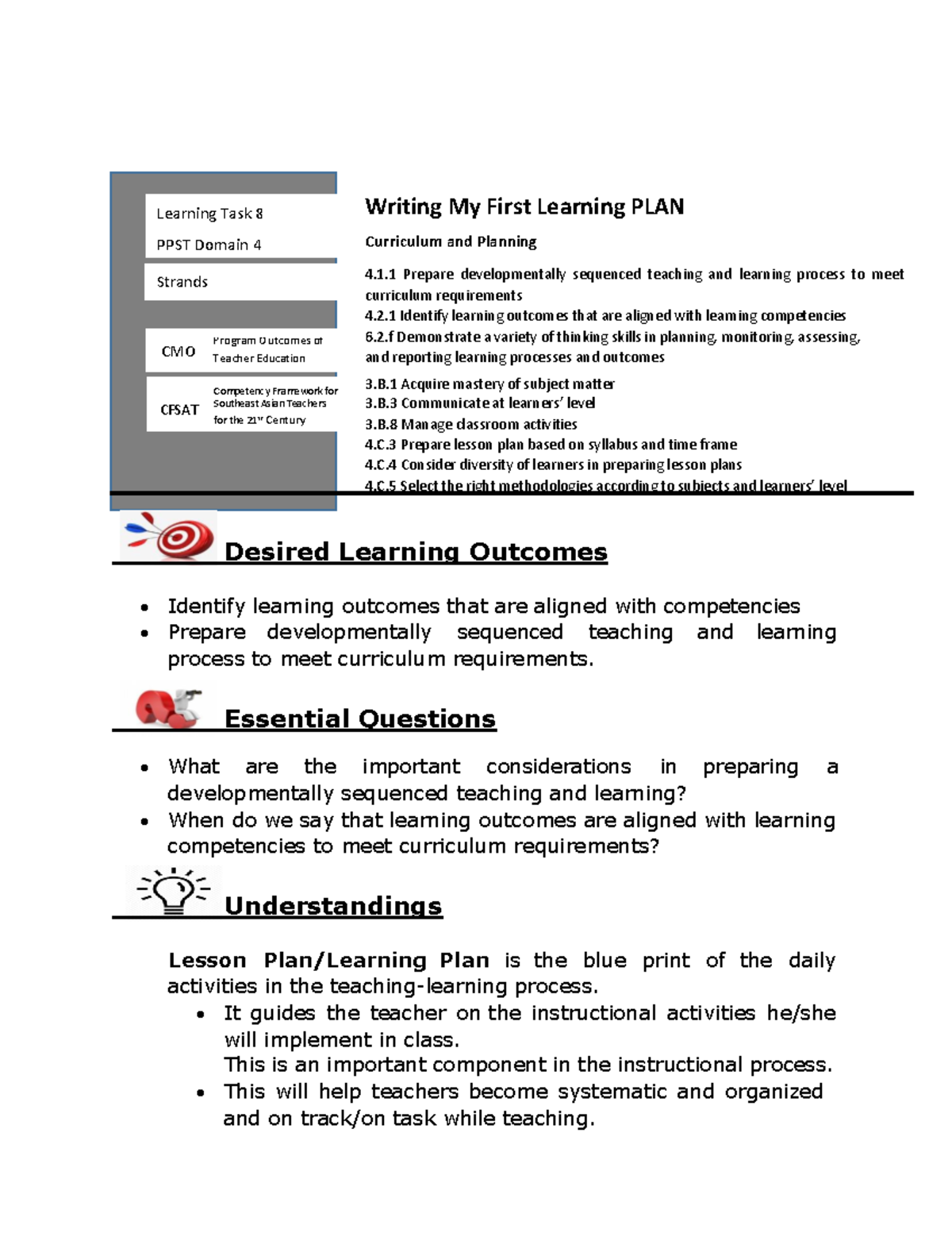 OFF Caampus Learning TASK 8 Identify learning outcomes that are aligned ...