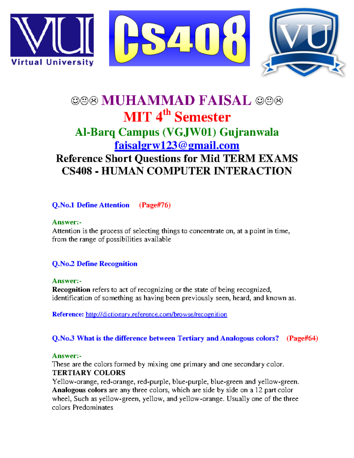 CS408 Mid Term Subjective Reference - MUHAMMAD FAISAL MIT 4 th Semester Al-Barq Campus - Studocu