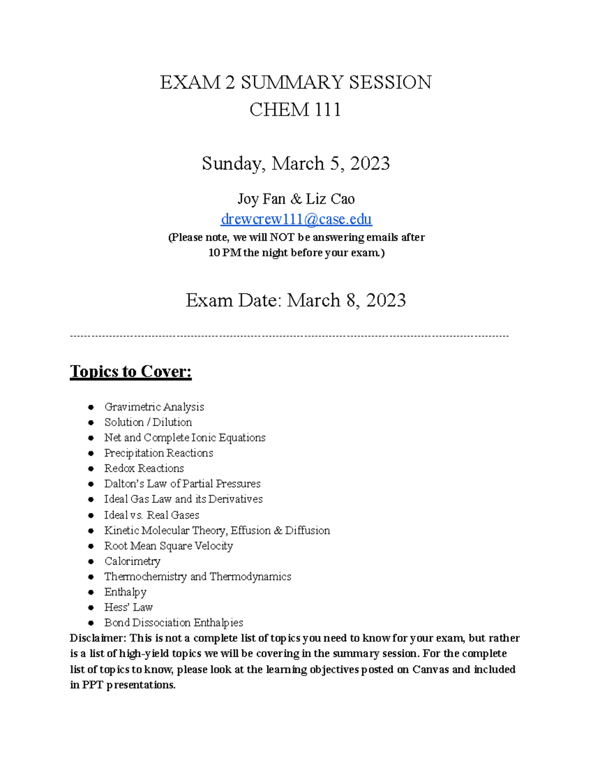 Exam 2 Summary Session Sheet - EXAM 2 SUMMARY SESSION CHEM 111 Sunday ...