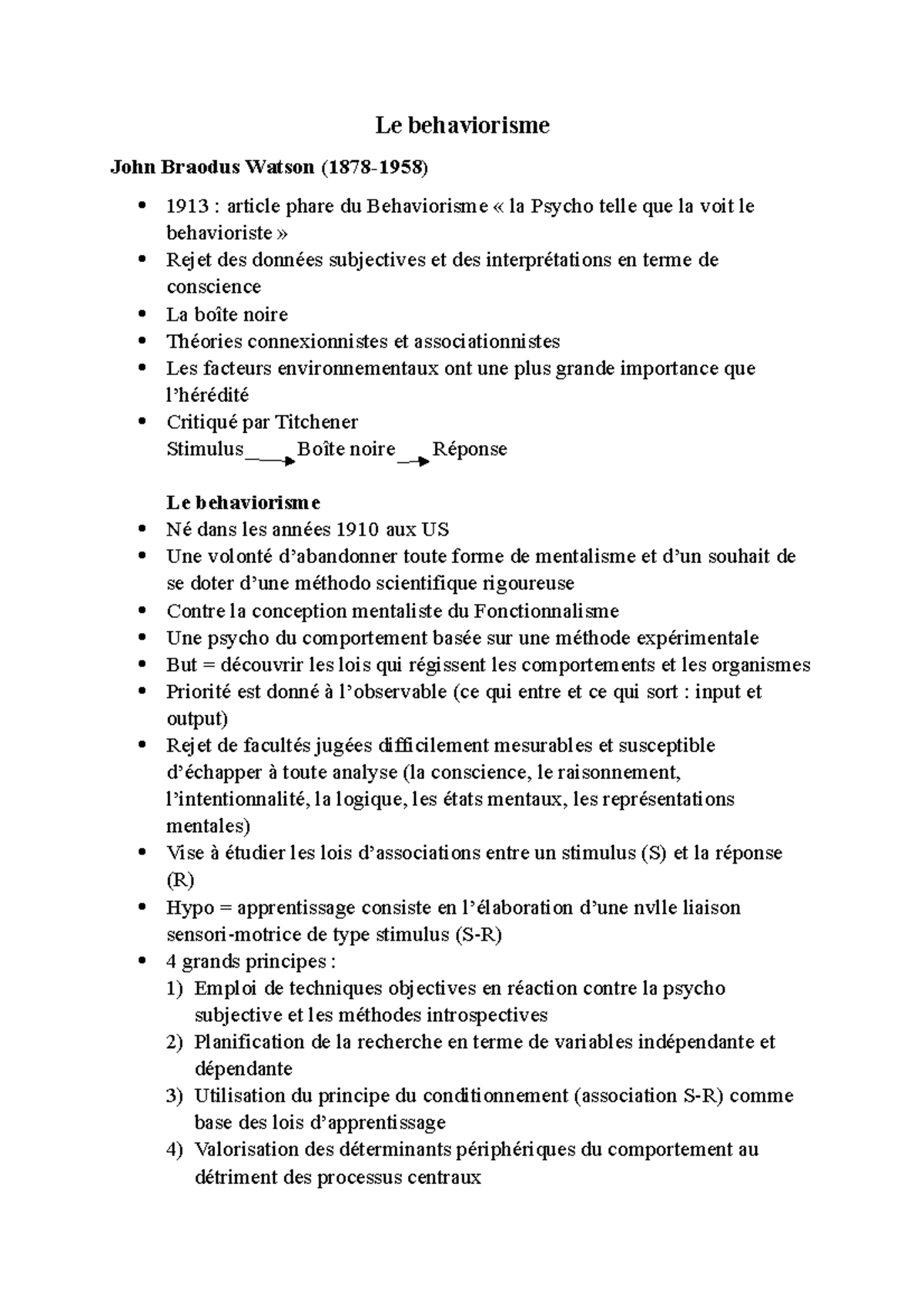 Béhaviorisme TD - Le behaviorisme John Braodus Watson (1878-1958) 1913 ...