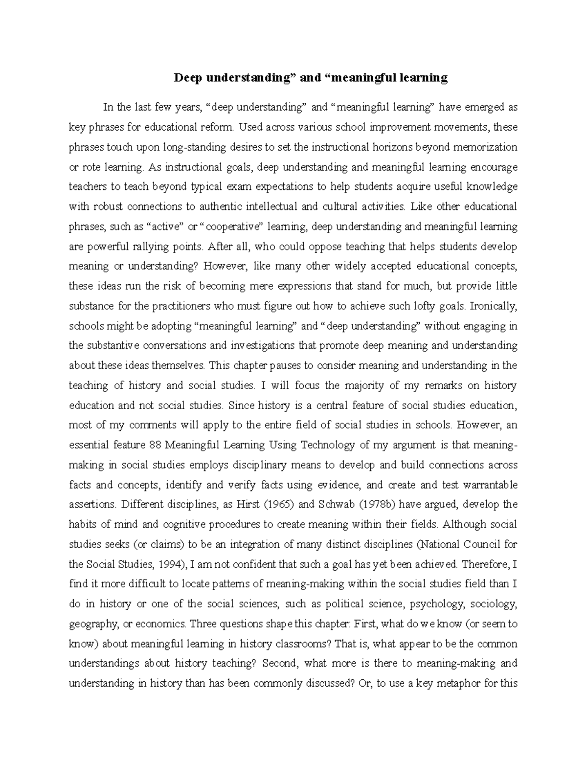 Deep understanding” and “meaningful learning - Used across various ...