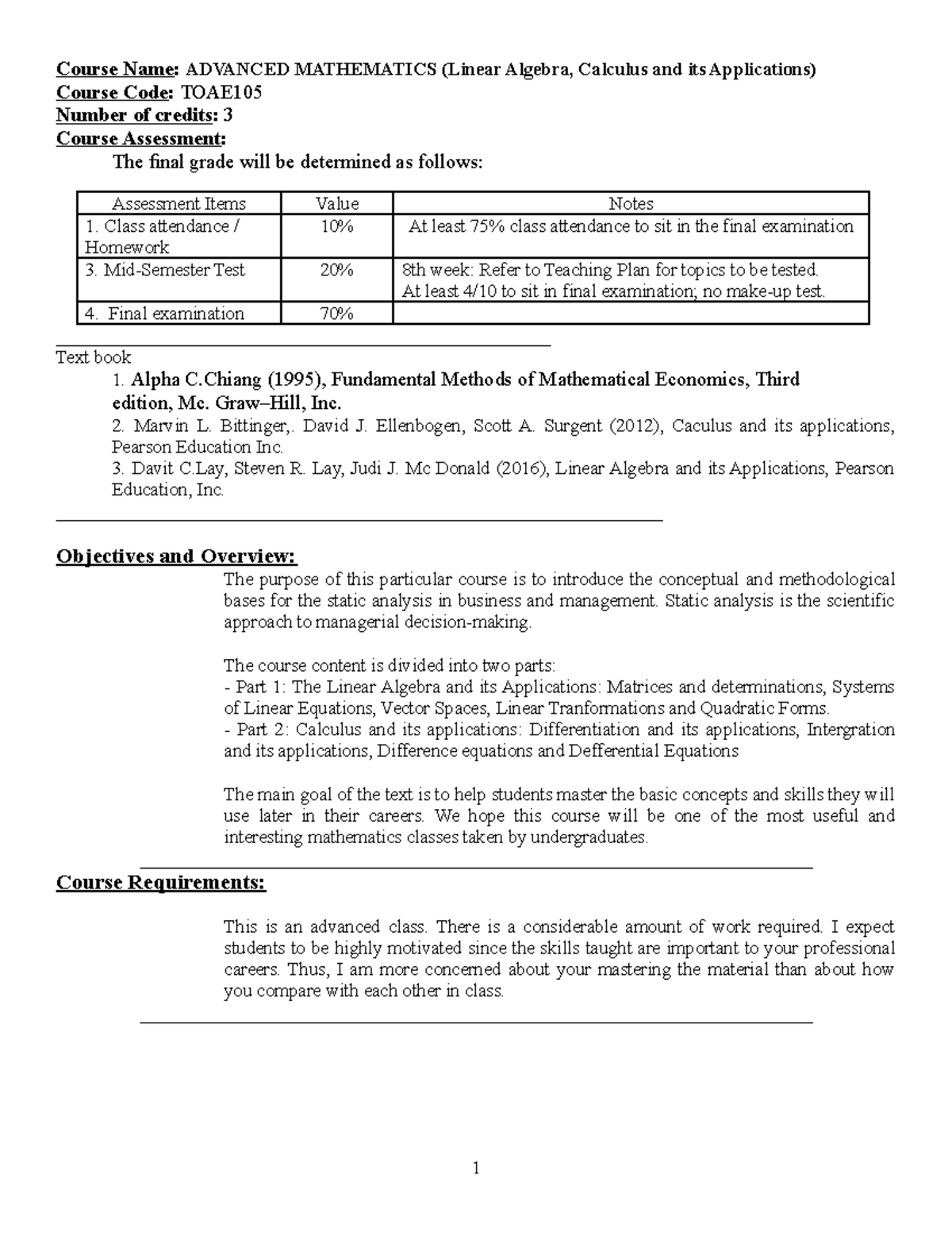 2019 0907 Syllabus TOAE105 45 tiet - Course Name: ADVANCED MATHEMATICS ...