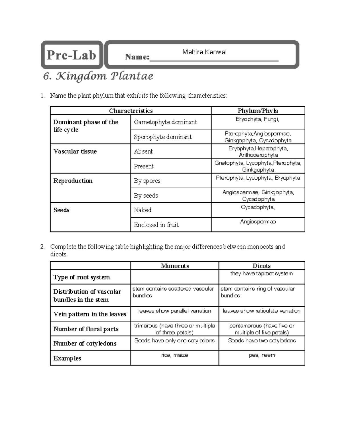 Wagle 0842-1 F18 BIO II lab06 pg47-54 wksht - Name the plant phylum ...