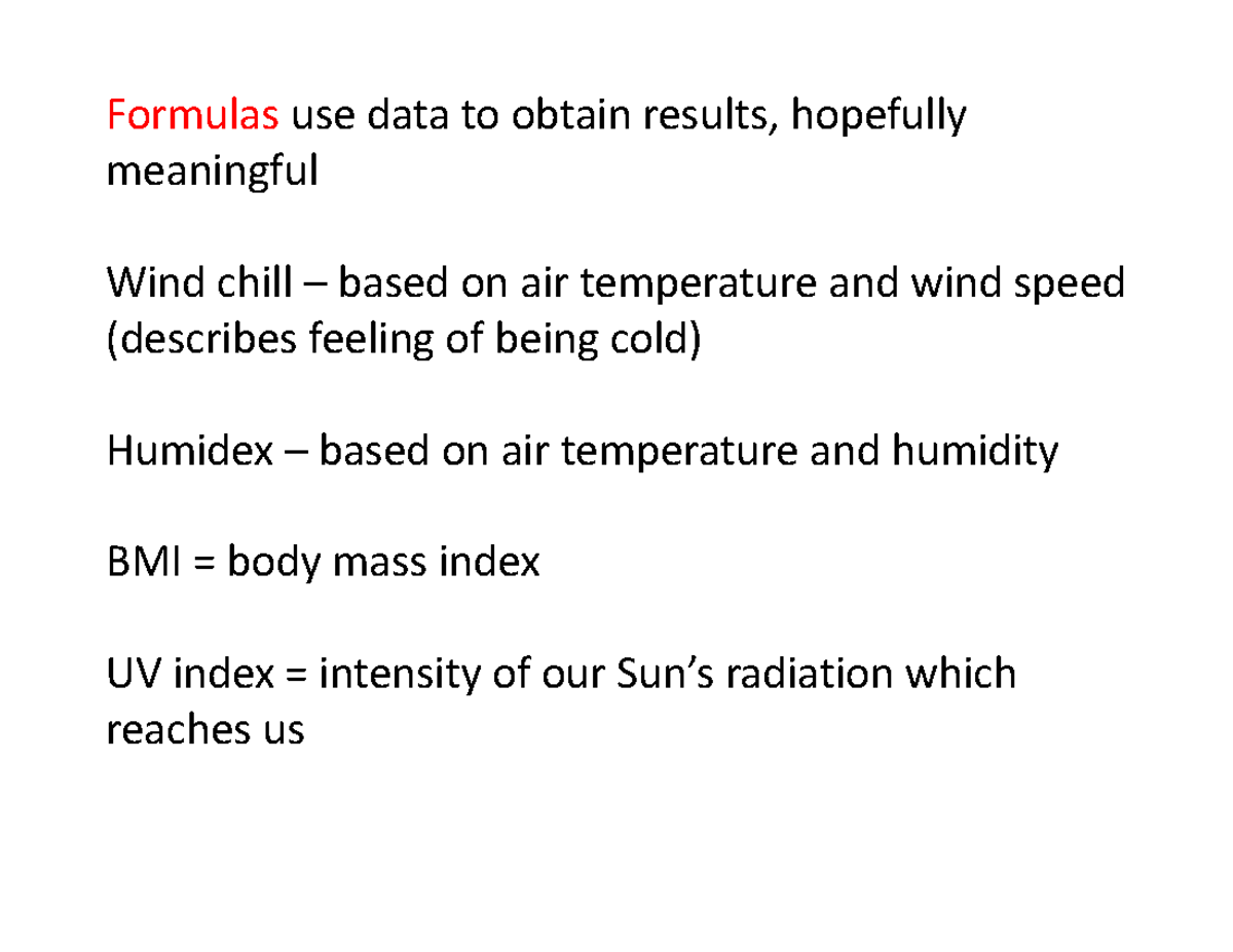 2uu3 lecture 9 26sept2022 - Formulas use data to obtain results ...