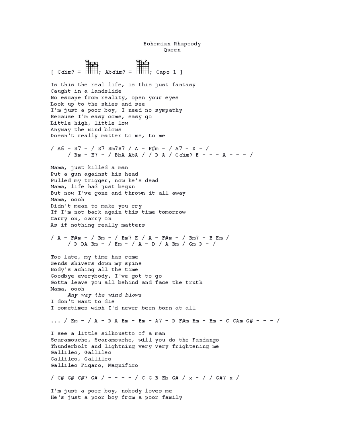 Bohemian rhapsody - LETRA CANCION - Bohemian Rhapsody Queen [ Cdim7 ...