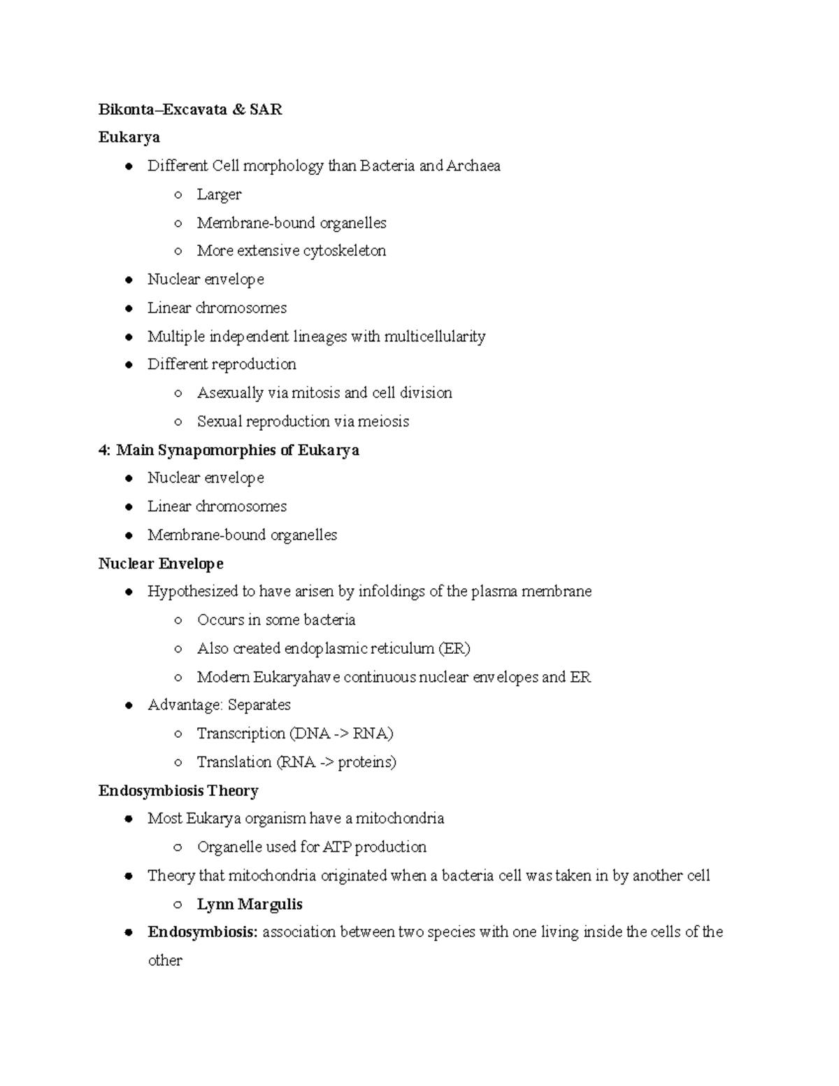 Bikonta–Excavata & SAR - Bikonta–Excavata & SAR Eukarya Different Cell ...