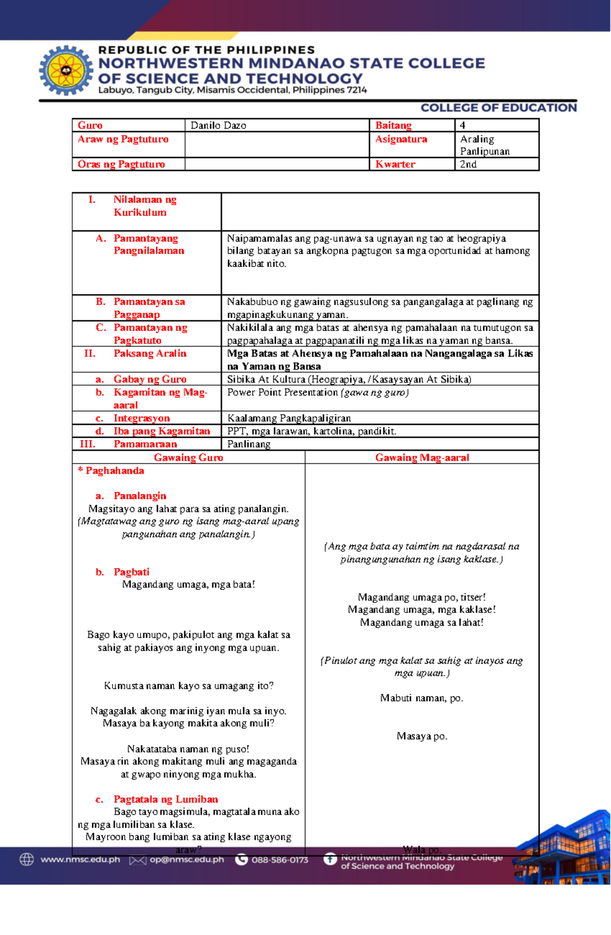 Lesson-PLAN-IN-AP 4 Final - Guro Danilo Dazo Baitang 4 Araw ng ...
