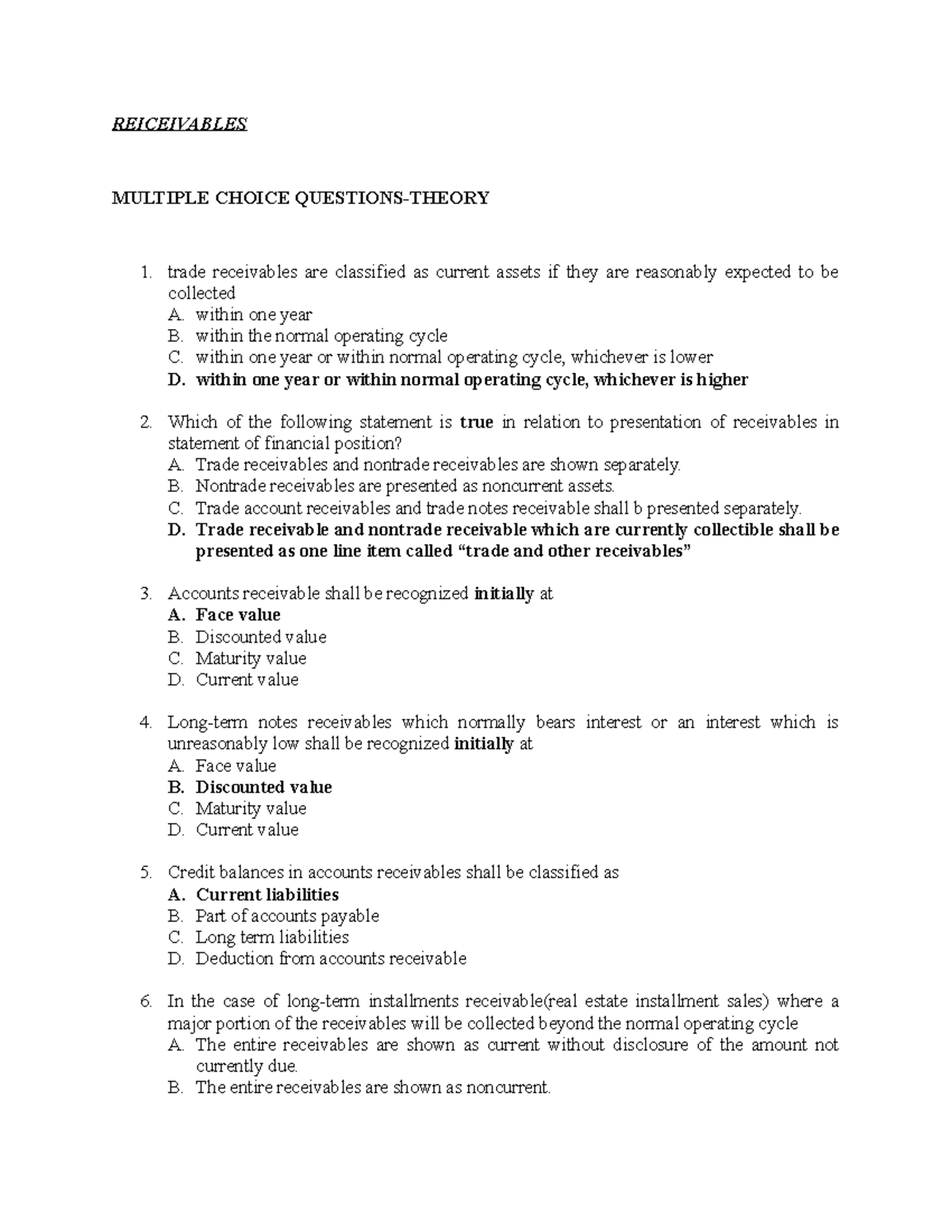 Docx - Guide - REICEIVABLES MULTIPLE CHOICE QUESTIONS-THEORY trade ...